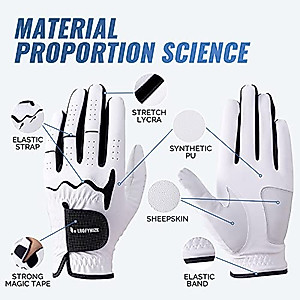LROFYHIZK Men's Golf Gloves Sheepskin+PU Soft Fit Anti-Slip Durable Breathable Cool White Left Hand Pack of 1 (Medium/Large)