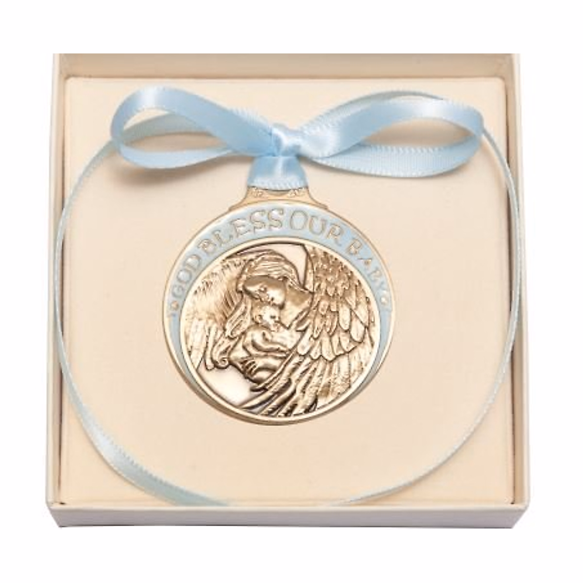 Gold Oxide Baby with Guardian Angel Crib Medal with Blue Ribbon- Boxed
