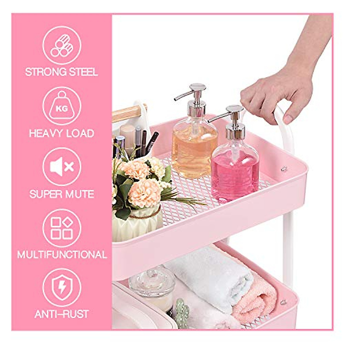 3-Tier Utility Rolling Cart with Large Storage and Metal Wheels for Office,Kitchen,Bedroom,Bathroom,Black,Pink,White