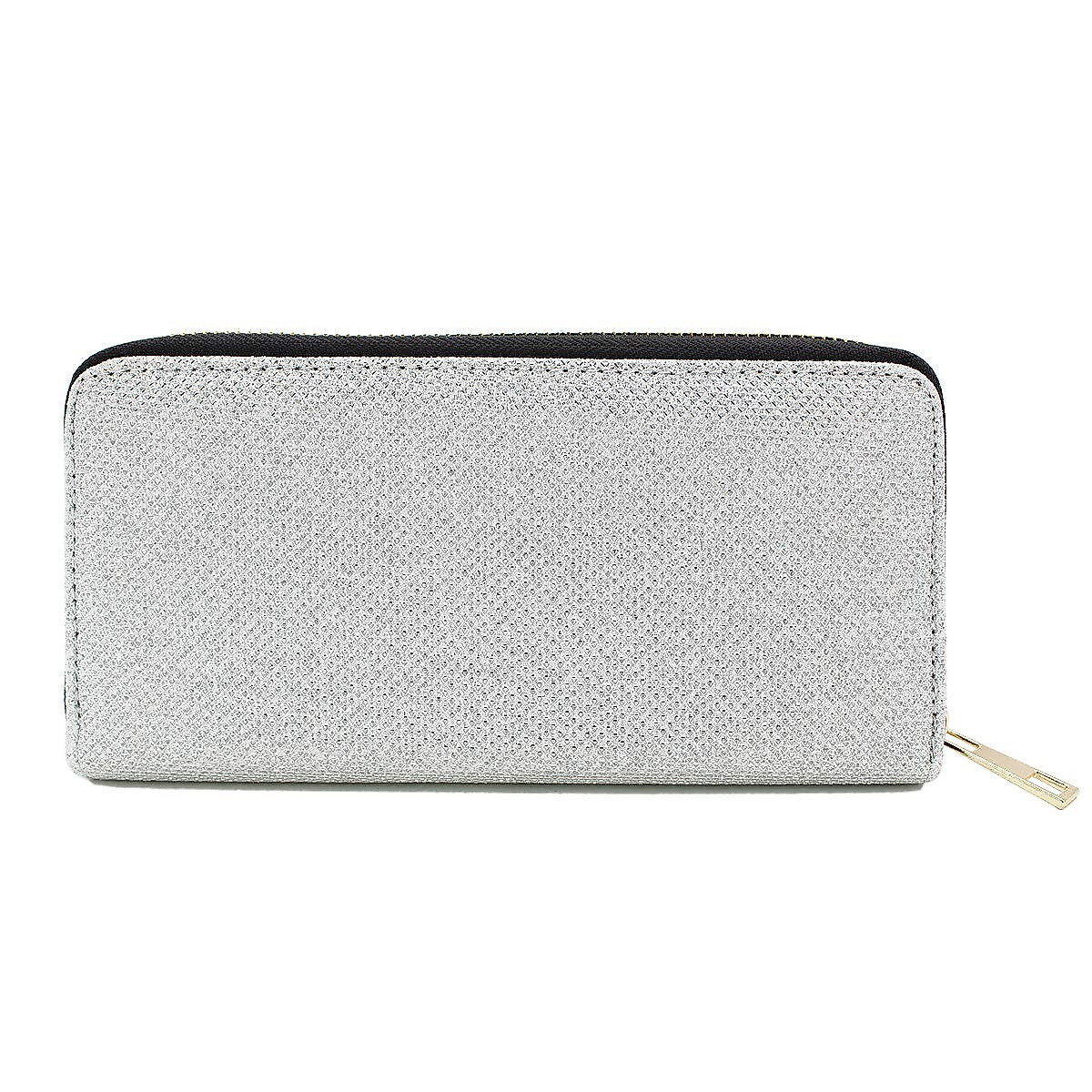 Premium Glitter Fabric Bling Continental Zip Around Wallet, Silver