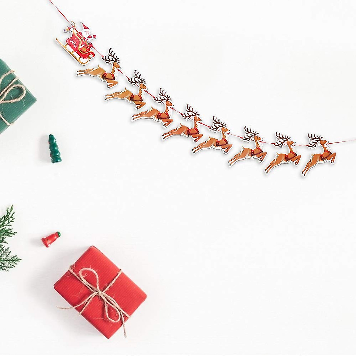 CCINEE 9 PCS Christmas Paper Banners Flags Santa and Reindeers Bunting Garlands for Door Wall Window Hanging Decoration Christmas Party Favor Supplies