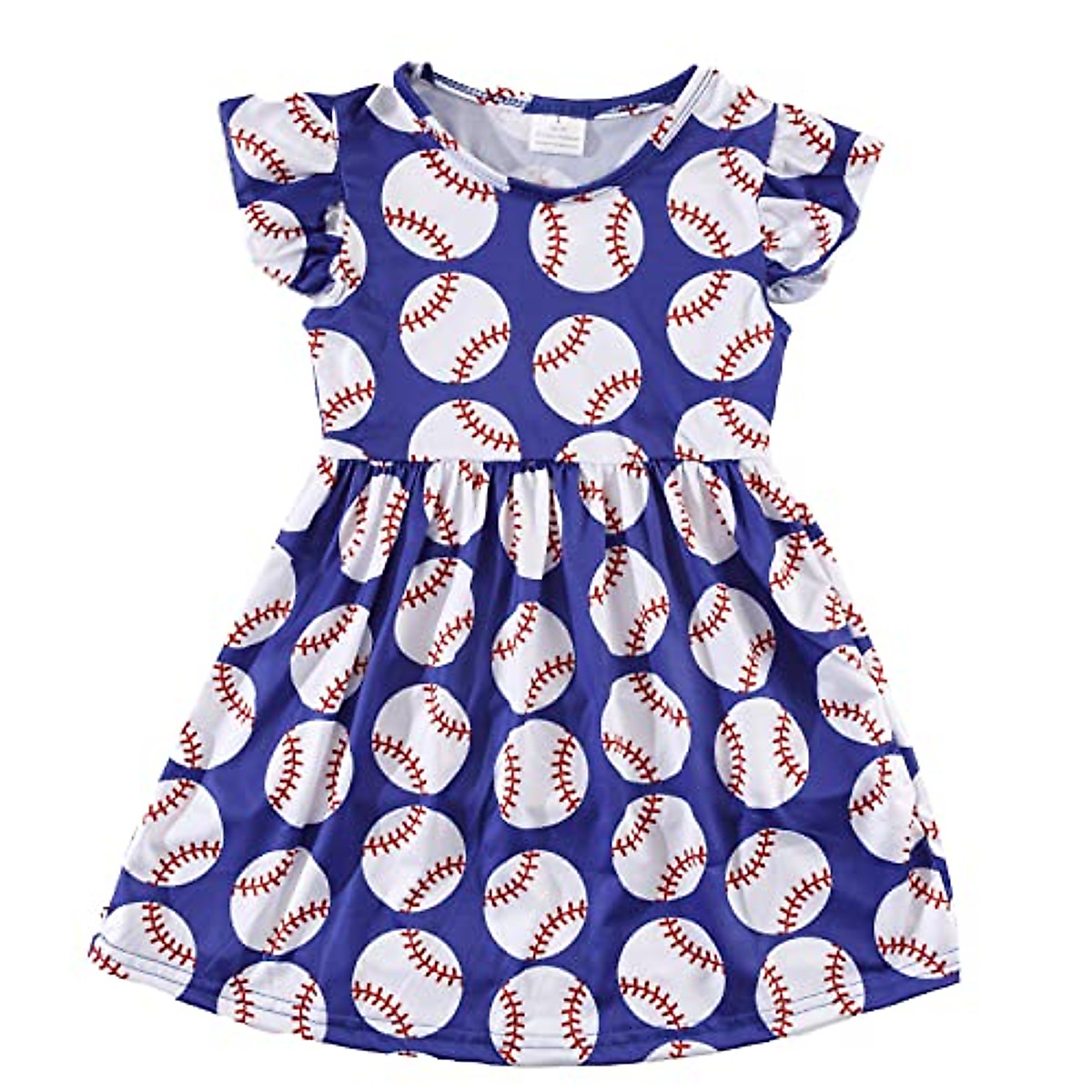 VUMUZU Toddler Girls Baseball Pattern Dresses Autumn Sports Ruffle Bottom Flutter Sleeve Apparel 6-7Y