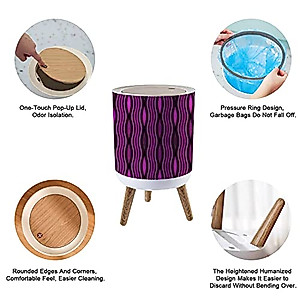 Small Trash Can with Lid Full Seamless Vertical Lines Texture Colorful Women Dress Fabric Print Waste Bin with Wood Legs Press Cover Wastebasket Round Garbage Bin for Kitchen Bathroom Bedroom Office