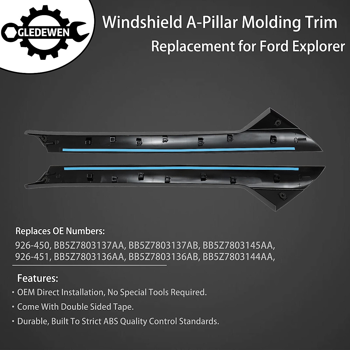 Windshield Trim Molding A-Pillar, Compatible with Ford Explorer 2011-2019, Front Outer Left Driver & Right Passenger Cover, Window Trim Moulding, BB5Z7803136AA, BB5Z7803137AA, Plastic Windshield Trim