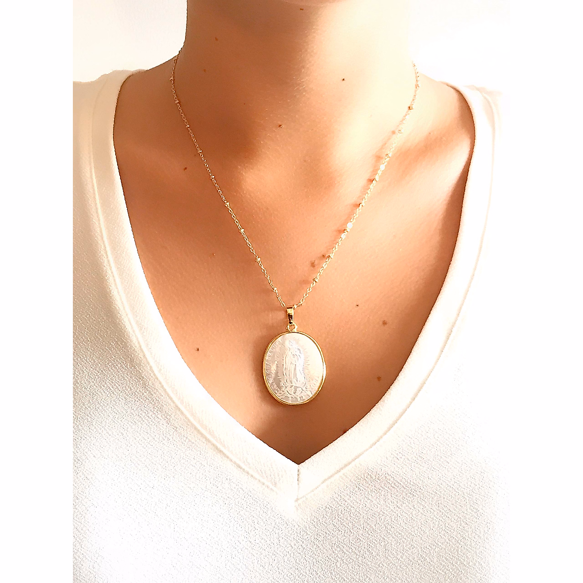 LESLIE BOULES Mother of Pearl Guadalupe Medal Pendant Necklace for Women 18K Gold Plated Chain