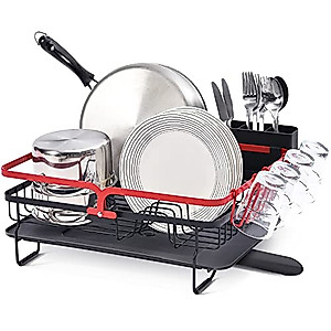 TOOLF Dish Drying Rack, 360° Swivel Spout Design Dish Rack with Drain Board for Kitchen Counter, Rust-Proof Dish Rack with Utensil Holder and Cup Holder for Tableware