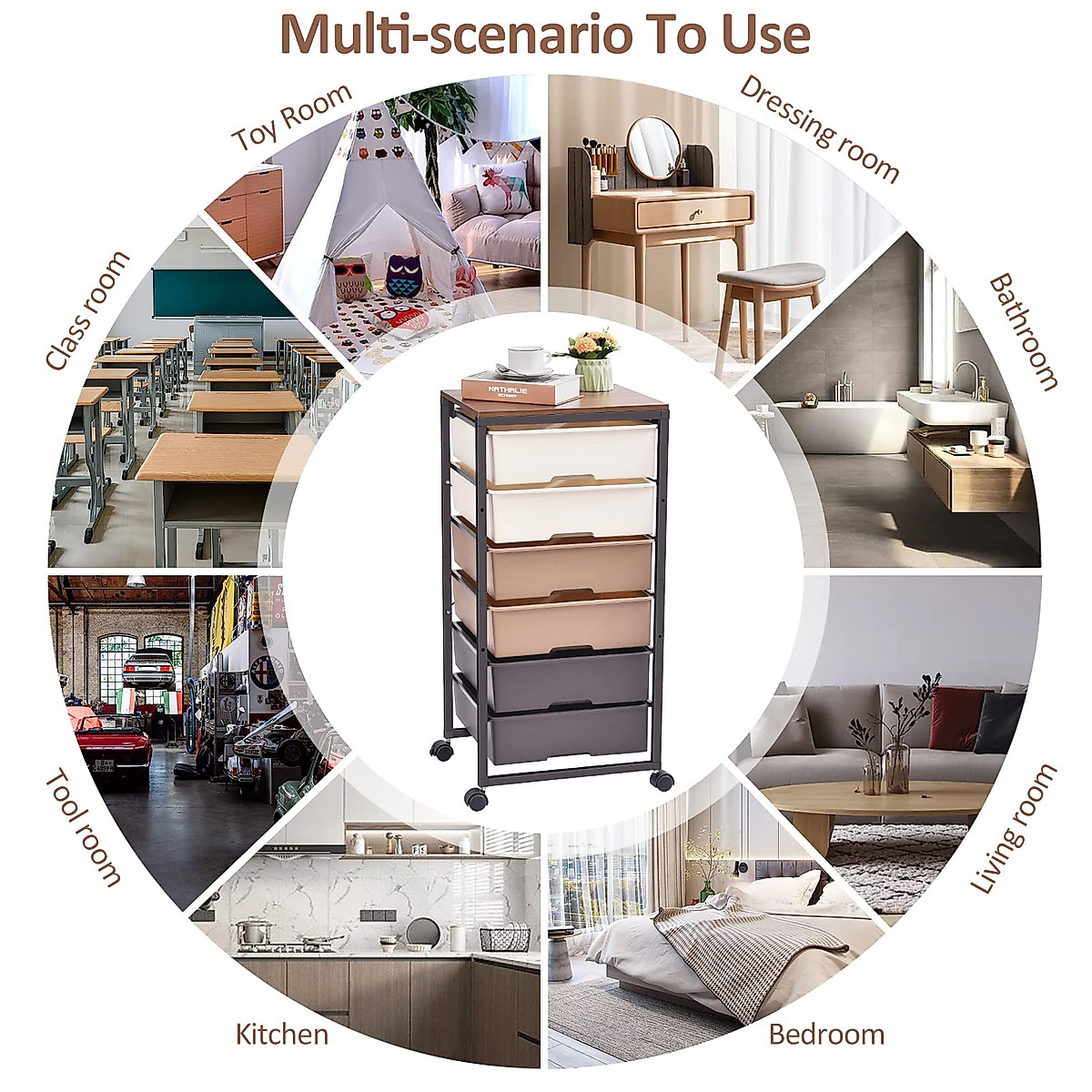 TOOLF Rolling Storage Cart with 6 Drawers,Utility Cart with Drawers and Wooden Tabletop,Storage Dresser for Bedroom,Tall Nightstand for Dorm with Large Capacity,Brown