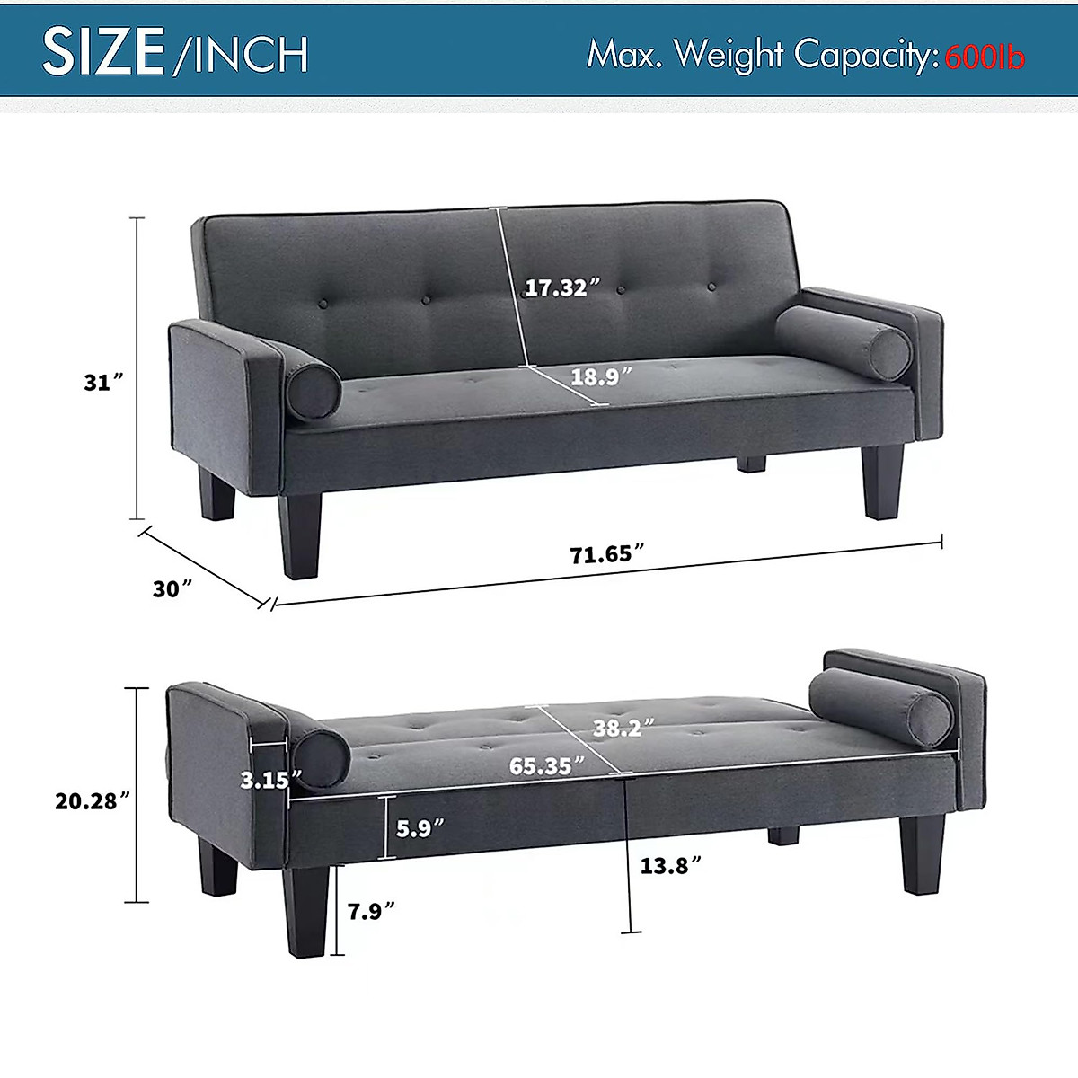 Convertible Folding Sofa Bed Futon,Mid-Century Velvet Fabric Love Seat Sofa Furniture,Upholstered Sleeper Couch with 2 Pillows&Wood Legs for Small Space Living Room Apartment Office (Brown-)