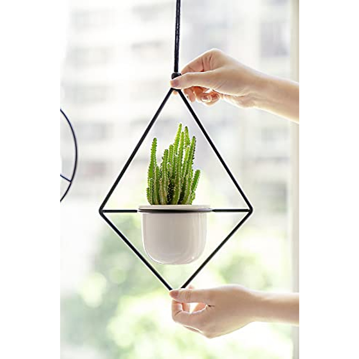 Mkono Mini Hanging Planters Indoor Herb Garden for Window, 3.5" Ceramic Plant Pot in 3 Different Metal Plant Hangers with Drainage Holes for Indoor Plants, Black/White