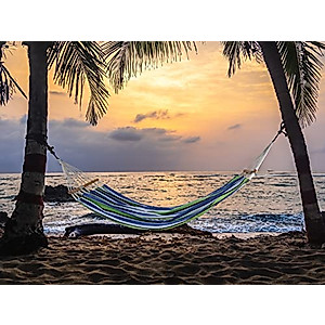 Lxoohy Portable Patio Double Hammock with Travel Bag, 2 Person Outdoor Hammock with Foldable and Curved Spreader Bar, D Rings and Tree Straps for Camping, Picnic, Backyard, Green Blue