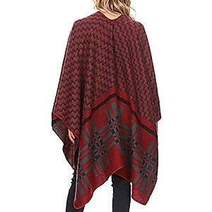 Sakkas 1928 - Lupe Womens Reversible Poncho Wrap Cape Shawl Sweater Coat Cardigan Pattern - Zigzag Burgundy - OS