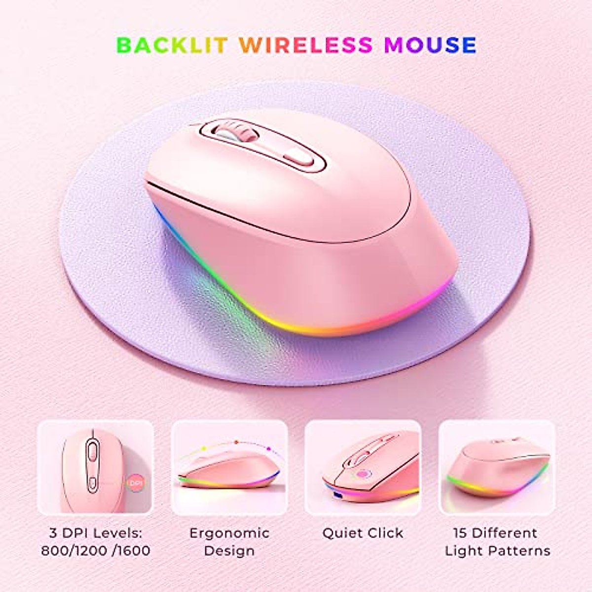 Wireless Keyboard and Mouse Combo Backlit, seenda Rechargeable Full-Size Illuminated 2.4Ghz Silent Keyboard and Mouse for Computer/Laptops/Windows/Gaming, Ice Pink