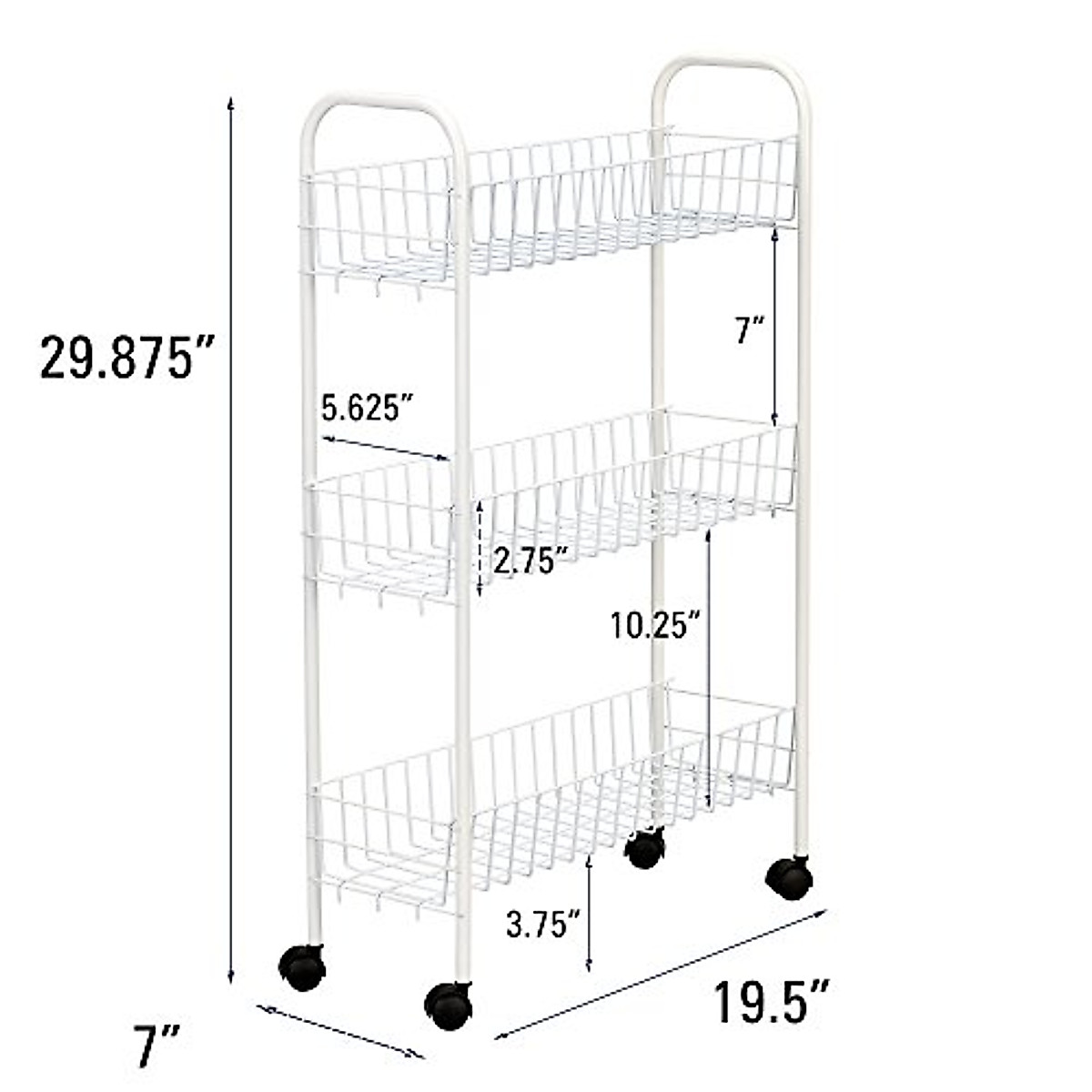 Household Essentials 05121 Slim Line 3-Tier Metal Storage Cart | Laundry Room Rolling Organizer | White