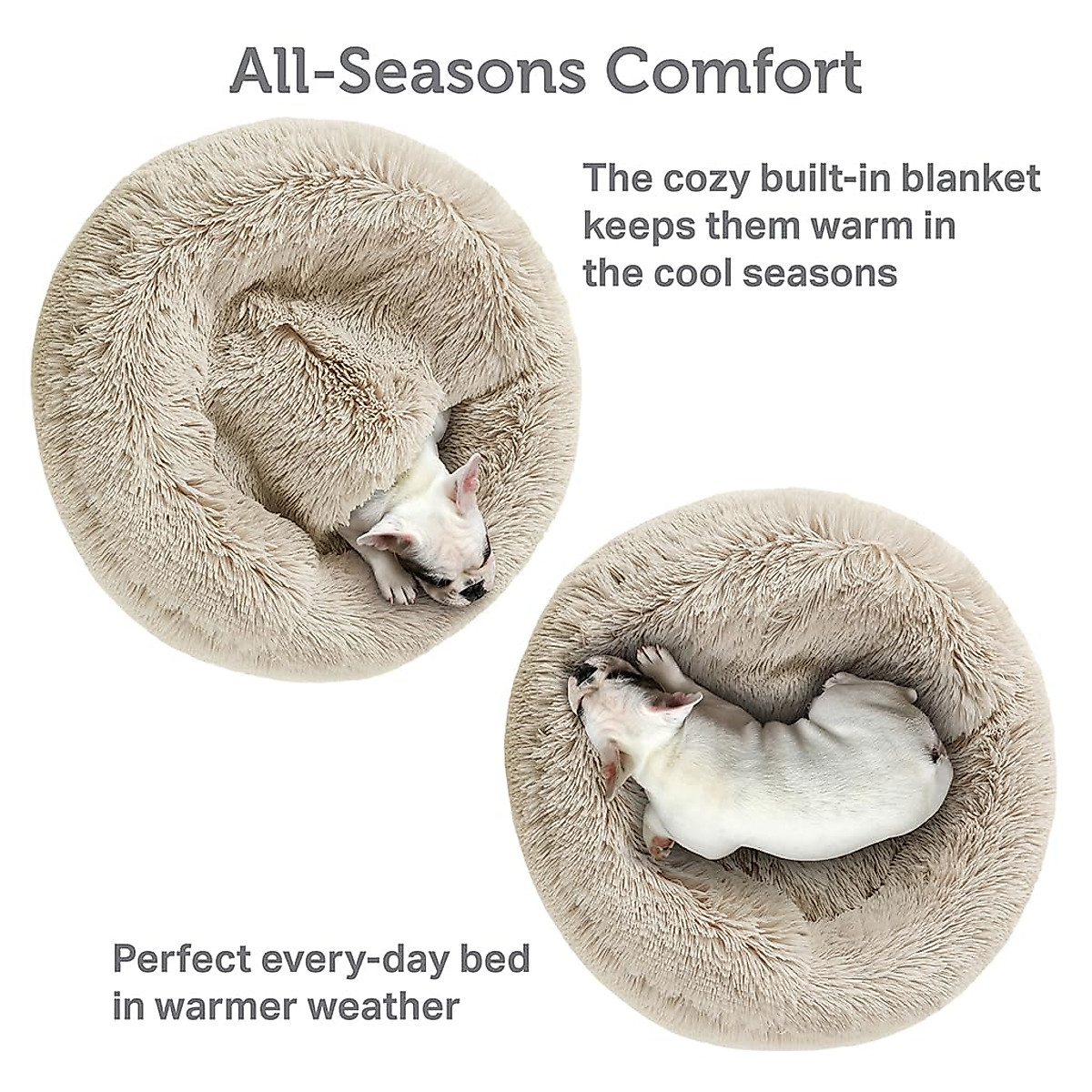 Friends Forever Luna Donut Cat Bed Cave, Soft Faux Fur Hooded Blanket Dog Couch For Indoor Pet, Fluffy Calming Plush Shag, Cozy Round Cushion, Machine Washable Cuddler, Self Warming, Tan, Small (23"x23"x6")