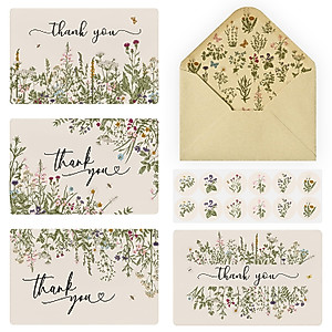 Artoid Mode 36 Pack Leaves Wildflower Thank You Cards Floral Greeting Cards Gift With Envelope Sticker Blank Note Cards for Birthday Wedding Baby Shower Bridal Shower, 4 x 6 Inch
