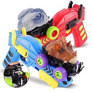 FiGoal 2 Pack Dinosaur Cars with Toy Gun Ejecting Friction Powered Dino Car Transforming Dinosaur Toys Car Gifts for Boys Girls Teacher Classroom Prize
