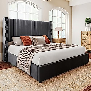 Jocisland Lift up Storage Bed Frame Queen Size, Upholstered Platform Bed Velvet with Channel Tufted Wingback Headboard, No Box Spring Needed, Gray