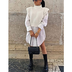 Hooever Women's Turtleneck Sleeveless Knitted Tank Tops Shoulder Pads Sweater Vest(White-S)