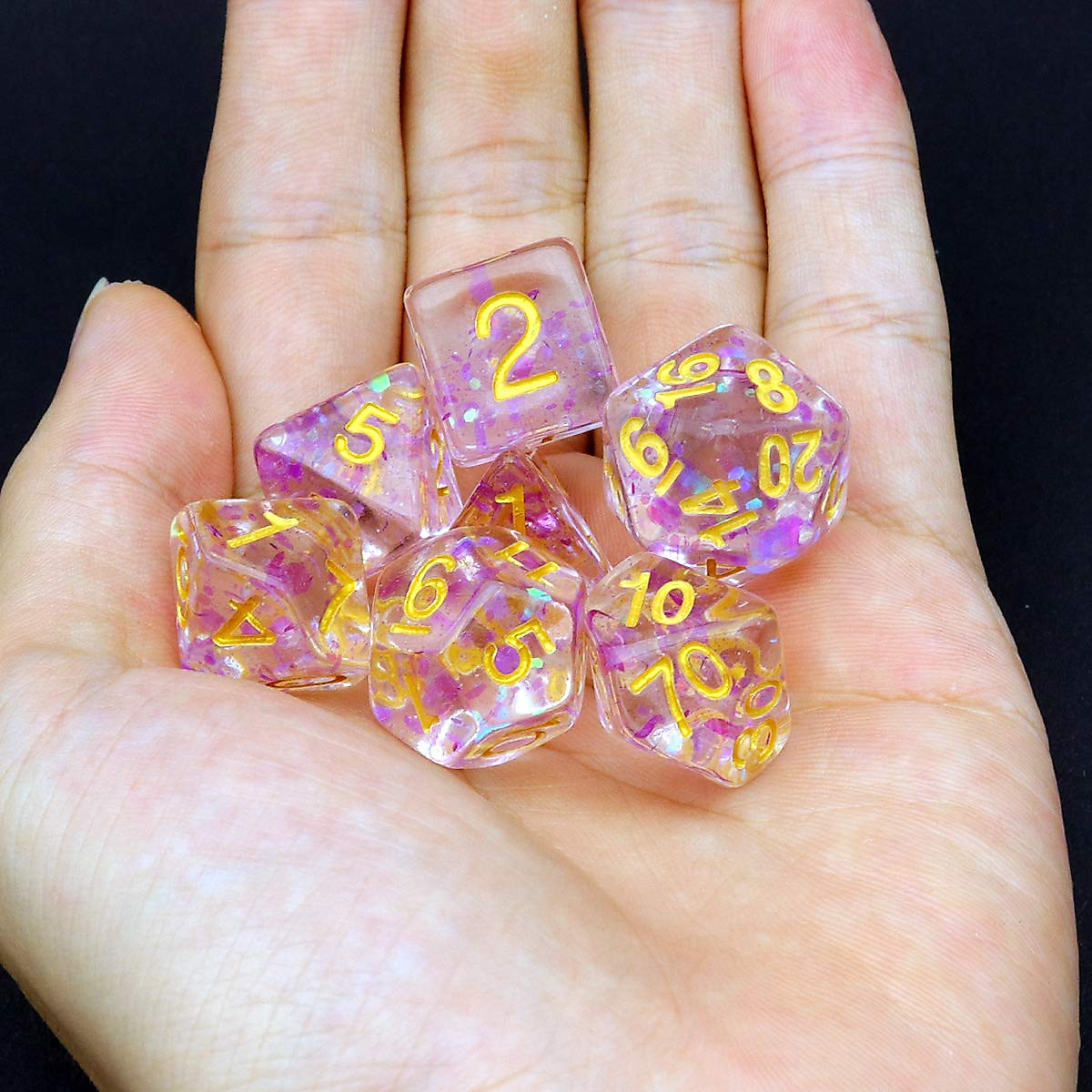 Haxtec DND Dice Set Purple 7PCS Polyhedral D&D Dice RPG Dungeons and Dragons-Purple Green Shift Glitter Flakes-Fantasy Dream