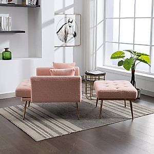 YuiHome 36.61'' Wide Modern Accent 3 Positions Adjustable Backrest, Tufted Chaise Lounge Chair, Single Recliner Armchair with Ottoman and Gold Legs for Living Room, Bedroom,Pink