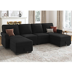 HONBAY Sectional Sofa with Storage Seat Velvet U Shaped Sectional Couch with Reversible Chaise Convertible Sectional Couches for Living Room,Black