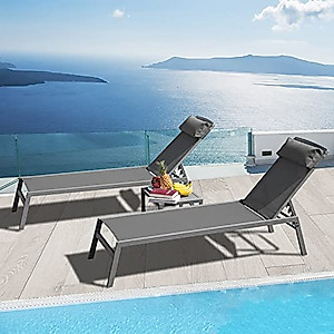 Domi Patio 3 Pieces Aluminum Textilene Chaise Lounge Set with Side Table Outdoor,Adjustable Back&Pillow for Yard,Garden,Sunbathing,for All Seasons,Gray(2022 New)