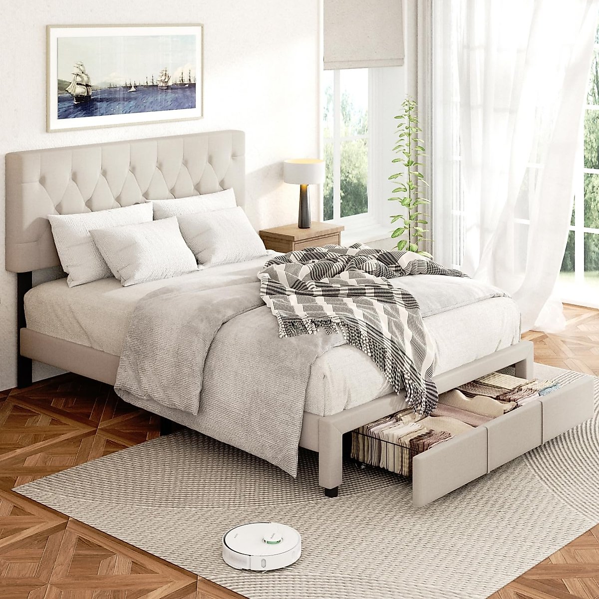 Queen Size Bed Frame with Storage, Queen Bed Frame with Headboard Adjustable, Upholstered Platform Bed Frame with Drawers, Mattress Foundation with Wooden Slats Support, No Box Spring Needed, Beige