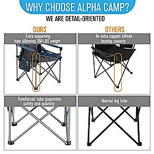 ALPHA CAMP Oversized Camping Folding Chair Padded Hard Arm Chair Heavy Duty Support 450 LBS Oversized Steel Frame Collapsible Lawn Chair with Cup Holder Quad Lumbar Back Chair Portable for Outdoor