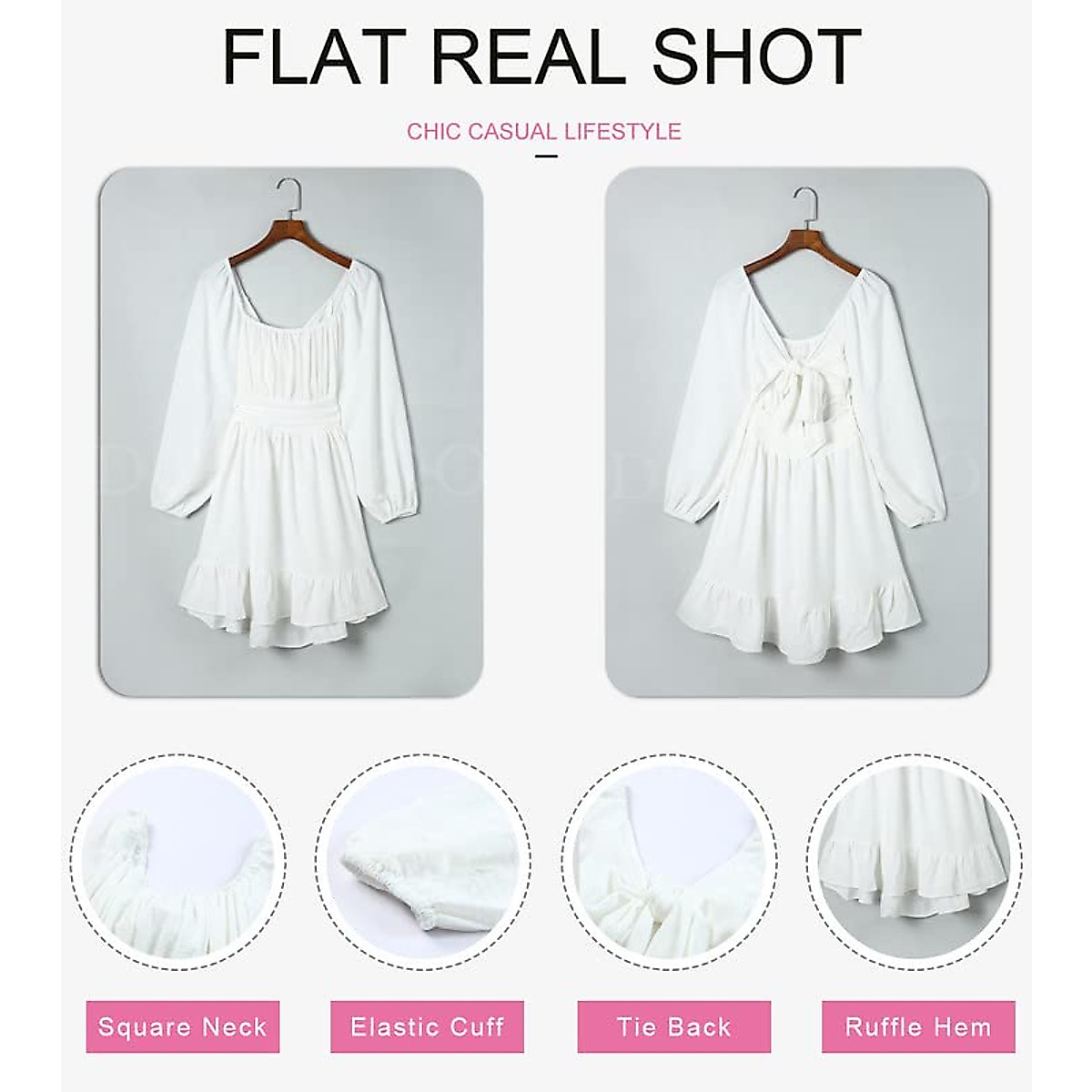 Dokotoo Square Neck Summer Dress for Women 2025 Tie Back Elastic Waist Lantern Long Sleeve Dress Ruffle A-Line White Dress Casual Sexy Mini Dress Beach Vacation Clothes Small White