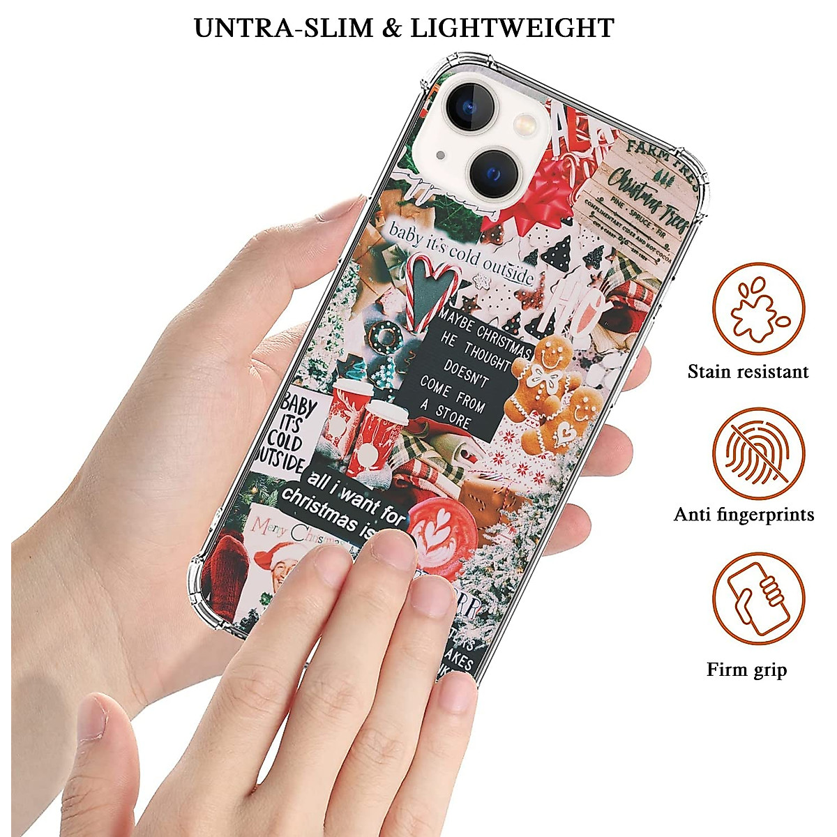 Ricin Relun Winter Collage Christmas Case for iPhone 14 Plus, Retro Aesthetic Christmas Tree and Gingerbread Case for Girls Women Men, Unique Trendy TPU Bumper Cover Case for iPhone 14 Plus