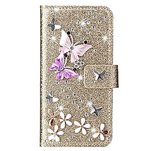 Losin Compatible with iPhone 14 Pro Max Wallet Case with Card Slots Luxury 3D Bling Glitter Diamond Rhinestones Butterfly Flowers Design for Women Girls Sparkle Shiny PU Leather Stand Kickstand Cover