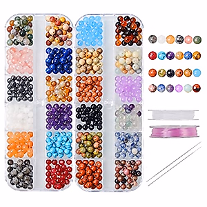 4mm Natural Mixed Materials Gemstones Beads Tiny Spacer Round Loose Beads Jewelry Making KIT with Thread and Needles 600 PCS(24 Natural, 4mm)
