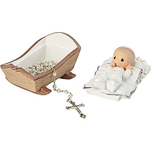 Precious Moments Baby in Cradle Baptism Rosary Box with White Rosary - Boy