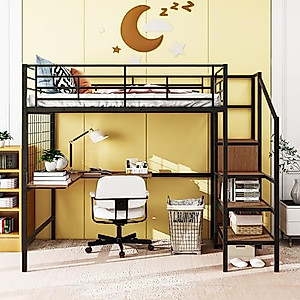 EMKK Full Size Metal Loft Bed with Desk and Metal Grid, Stylish Metal Frame Bed with Lateral Storage Ladder and Wardrobe,Loft Bed for Kids, Teens - Creative Haven for Study and Sleep