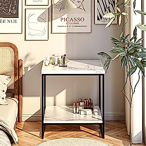 Tilly Lin Faux Marble Side Table, White Marble Small Coffee Table with Storage, 2-Tier End Table for Living Room, Nightstand for Bedroom (White, Black)