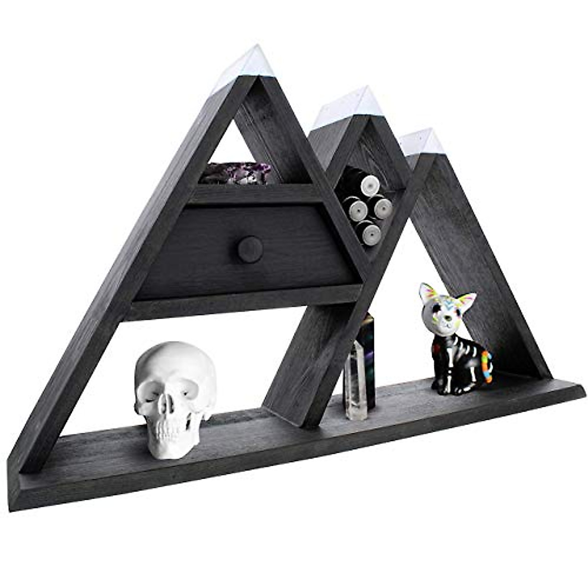 Rustic Curiosities Large Mountain Shelf - 20X12X4.5 Inch Crystal Display Shelf for Succulents, Plants, Essential Oils, Includes Pull Out Drawer, Extra Wide Base Crystal Holder (Black)