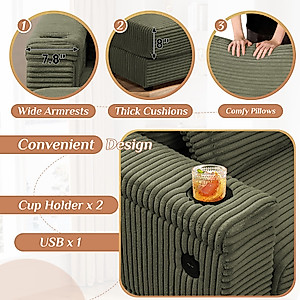 ONEMMLION Oversized Chaise Longue Chair Indoor with Ottoman, 42" W Corduroy Upholstered Modern Deep Seat Sofa Couch with USB Charging Ports&Cup Holder, Comfy Reclining Chair for Living Room, Green