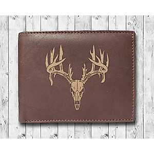 Deer Buck Antlers Skull Hunting Cowhide Leather Laser Engraved Engraving Slimfold Mens Large Capacity Luxury Wallet Purse Minimalist Sleek Slim Brown Credit Card Holder Organizer 14 Pocket with RFID