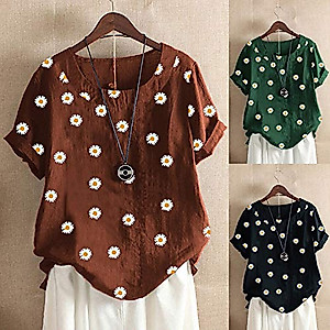 wodceeke Women's Daisy Printed Cotton and Linen T-shirt Short Sleeve Round Neck Button Tee Casual Loose Tops (Green, XXXL)