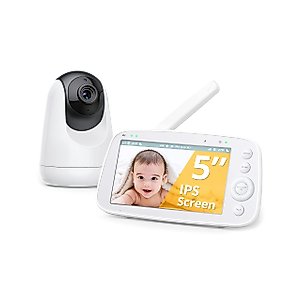 Video Baby Monitor, 5” Split Screen Video Baby Camera with 720P Resolution, Pan-Tilt-Zoom Camera and Audio with Two-Way Talk, VOX Mode, 4500mAh Battery, Auto Night Vision, No Wi-Fi, 5 Lullabies
