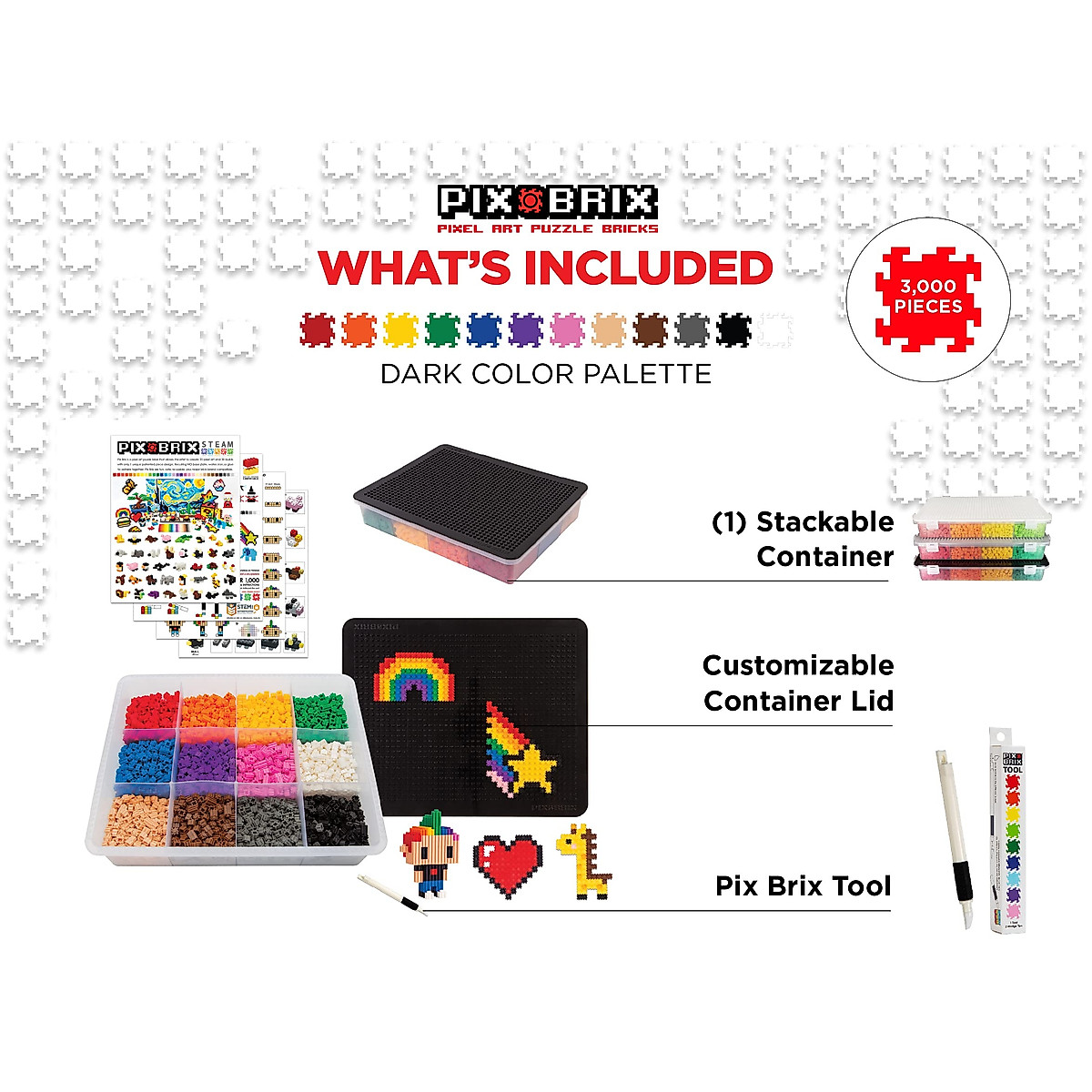 Pix Brix Pixel Art Puzzle Bricks – 6,000 Piece Pixel Art Container, 12 Color Light Palette – Interlocking Building Bricks, Create 2D and 3D Builds Without Water or Glue – Stem Toys, Ages 6 Plus