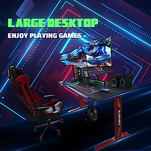 Foxemart Gaming Desk 47 inch PC Gaming Desk, Game Computer Desk Workstation, T-Shaped Professional Gaming Desk, Home Office Computer Table with Cup Holder & Headphone Hook