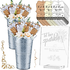Henoyso 153 Pcs Wedding Sparkler Set Include 150 Pcs Lace Wedding Sparkler Tags 1 Acrylic Send Off Sign with Stand 2 Galvanized Metal Buckets for Party Decorations(12.2 Inch,Silver)
