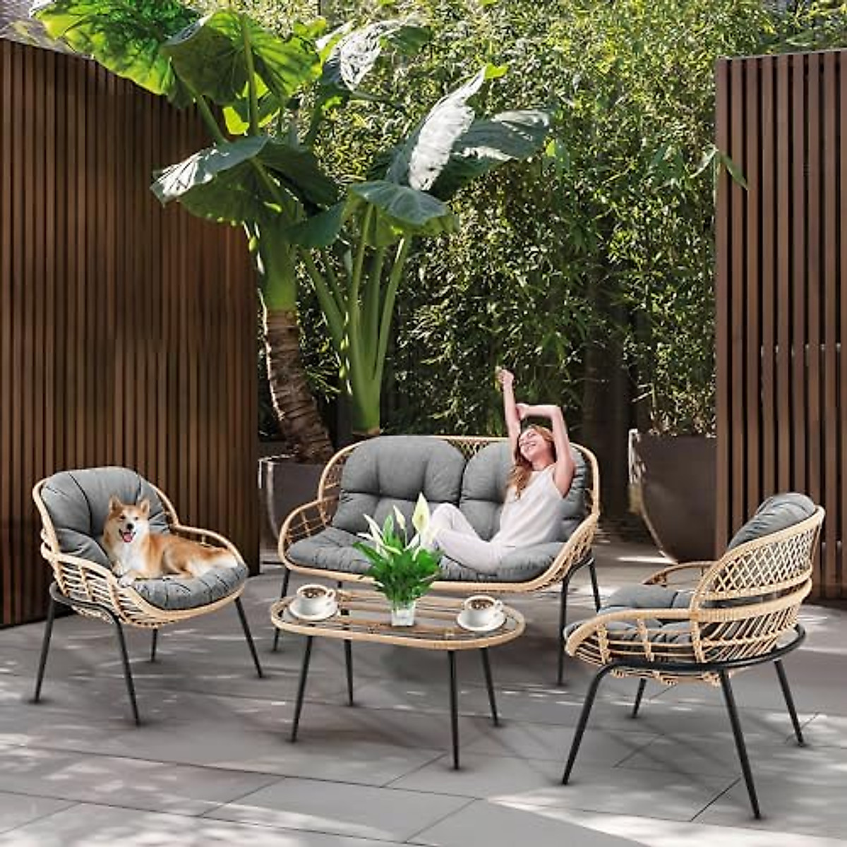 Urban Home Furniture Belize 4-Piece PE Natural Rattan Outdoor Conversation Set, 2 Single Chairs with Cushions, Loveseat with Cushions, Coffee Table with Glass Top, with Grey Cushions
