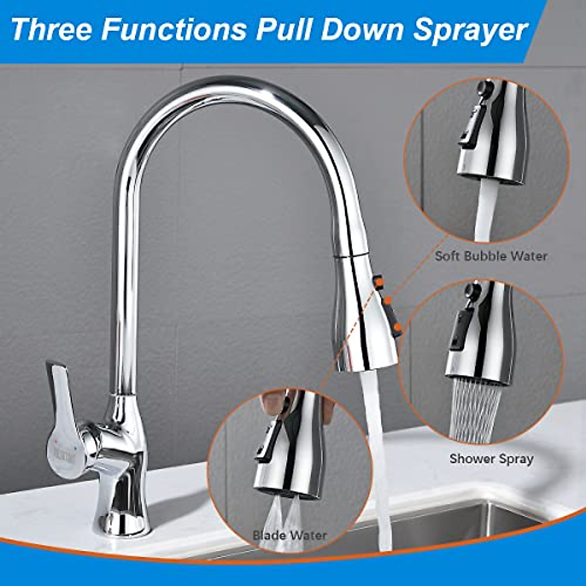 Fulgutonit Pull Out Kitchen Faucet, High Arc Single Handle Kitchen Sink Faucet with 3 Modes Pull Down Sprayer, Kitchen Sink Faucet for Bar Laundry RV Utility Sink, Chrome