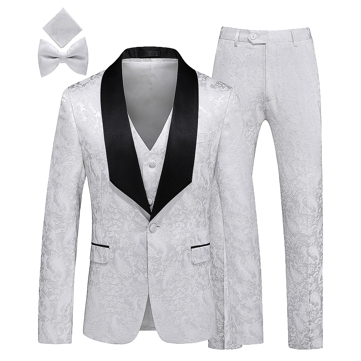 MOGU Mens 3 Piece Tuxedo Slim Fit Jacquard Floral Vintage Groomsmen Wedding Prom Suit Blazre 34 / Pants 31 White