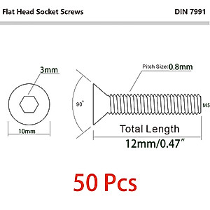50 Pcs M5-0.8 x 12mm Flat Head Socket Cap Screws Bolts, Stainless Steel 18-8 (304), Bright Finish, Allen Socket Drive,Machine Screws Inner Hex Screw Fasteners Bolts