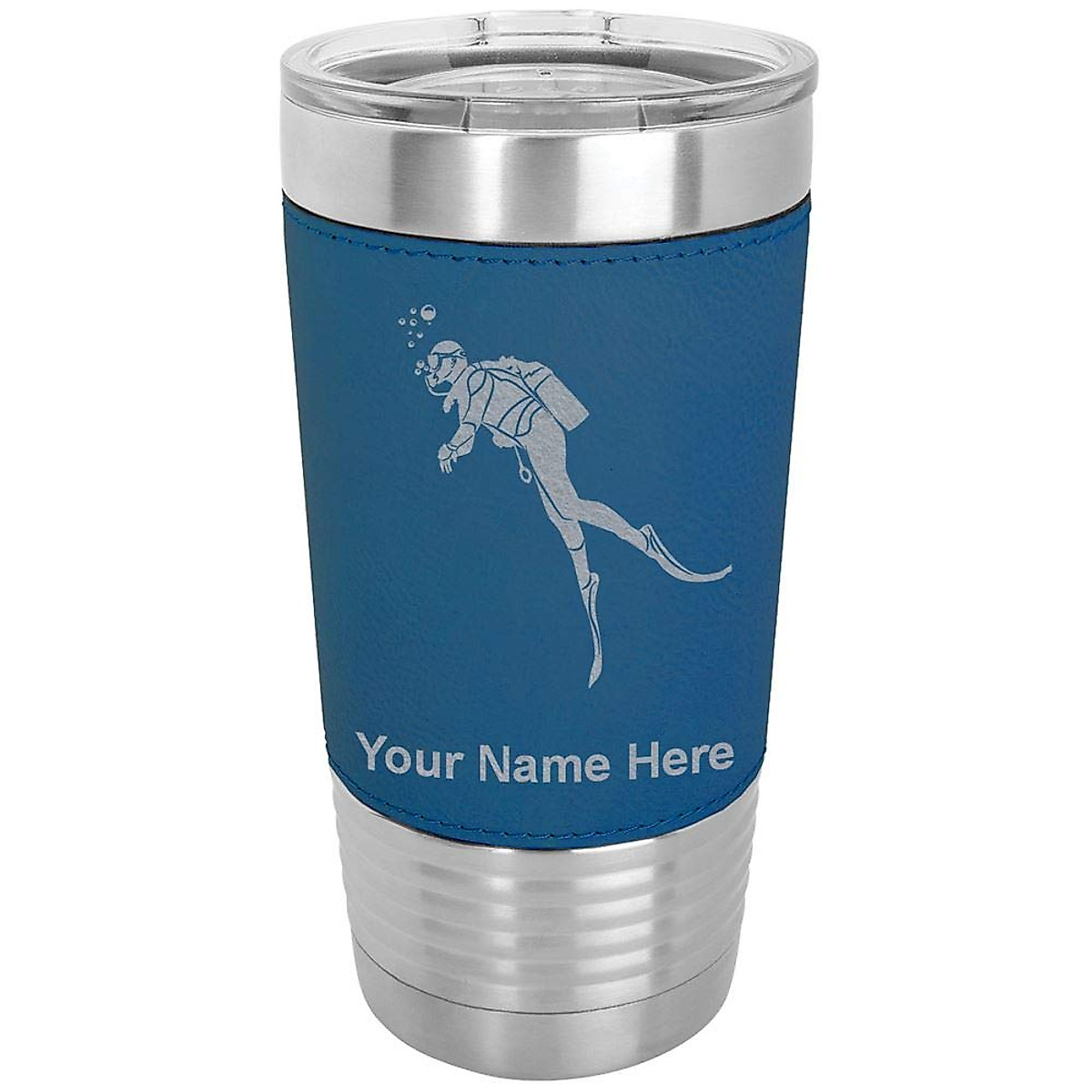LaserGram 20oz Vacuum Insulated Tumbler Mug, Scuba Diver, Personalized Engraving Included (Faux Leather, Blue)