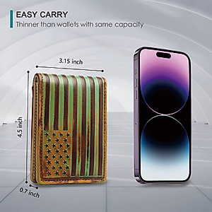 Pefiam Full Grain Leather Bifold Wallet for Men - 12 Slots, RFID Blocking - USA Flag, Brown