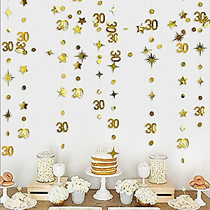 Gold 30th Birthday Decorations Number 30 Circle Dot Twinkle Star Garland Metallic Hanging Streamer Bunting Banner Backdrop for Her Happy Dirty 30 Year Old Birthday Thirty Anniversary Party Supplies